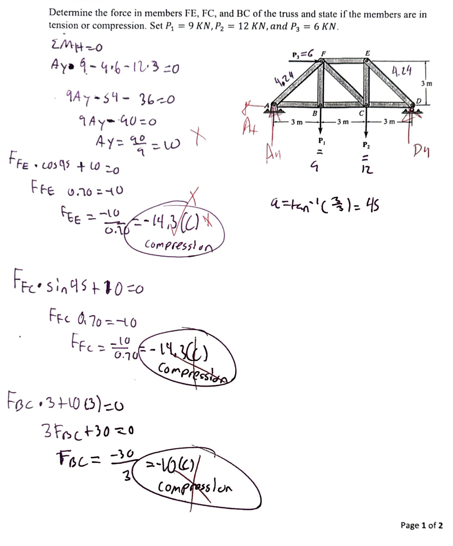 Solved Determine the force in members FE, ﻿FC, ﻿and BC of | Chegg.com