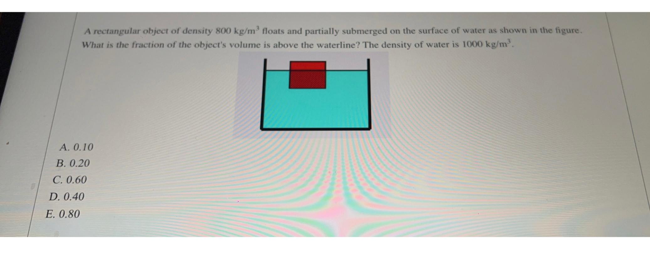 Solved A rectangular object of density 800kgm3 ﻿floats and | Chegg.com