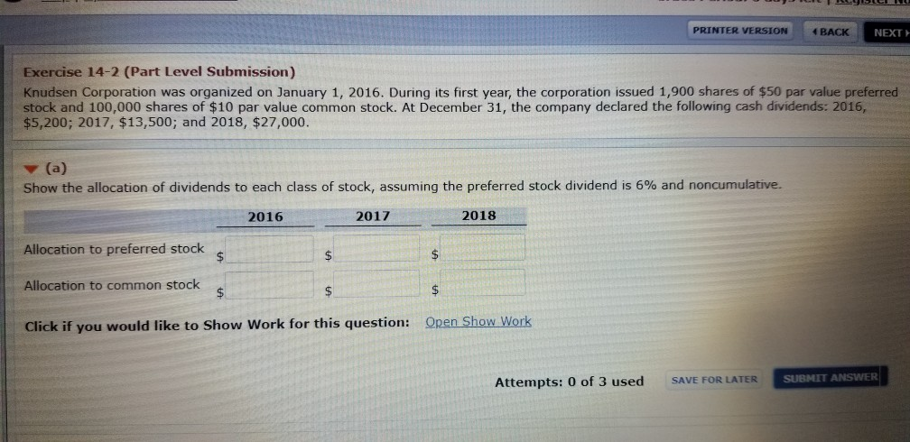 Solved PRINTER VERSION « BACK NEXT Exercise 14-2 (Part Level | Chegg.com