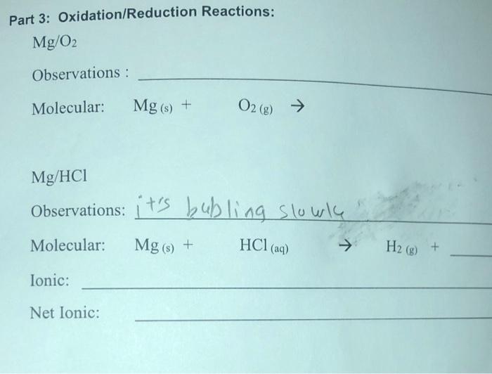 Solved Part 3: Oxidation/Reduction Reactions: Mg/O2 | Chegg.com