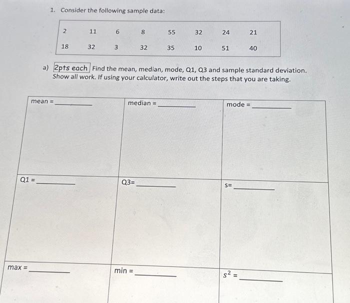 Solved 1. Consider the following sample data: 2pts each Find | Chegg.com