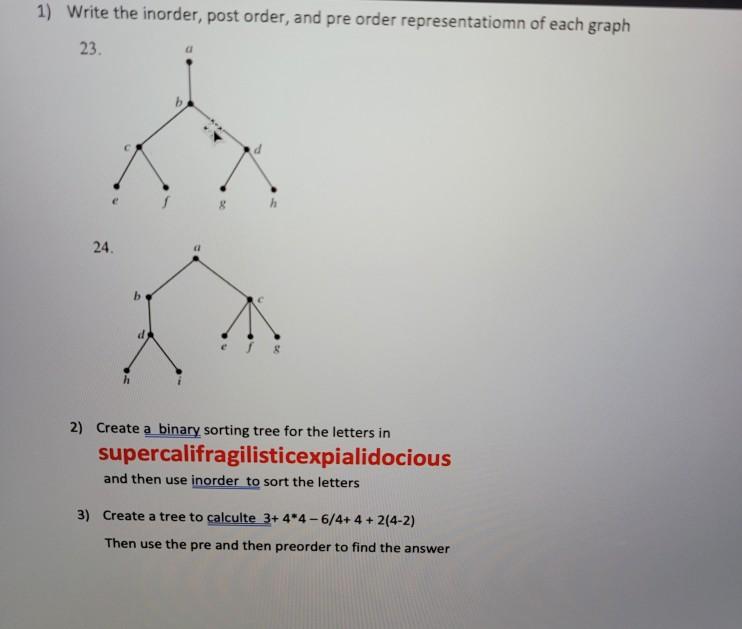 Solved 1) Write the inorder, post order, and pre order | Chegg.com