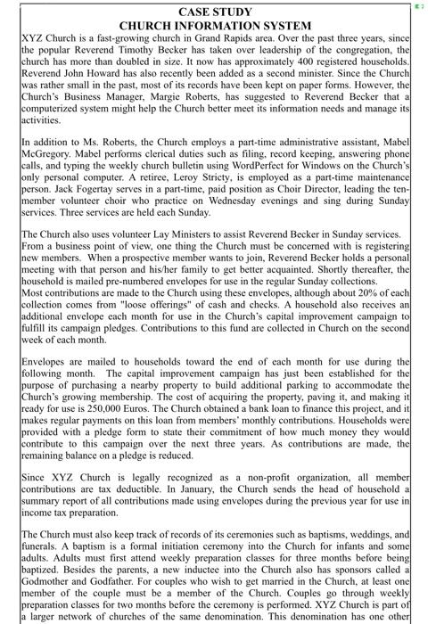 Solved CASE STUDY CHURCH INFORMATION SYSTEM XYZ Church is a | Chegg.com