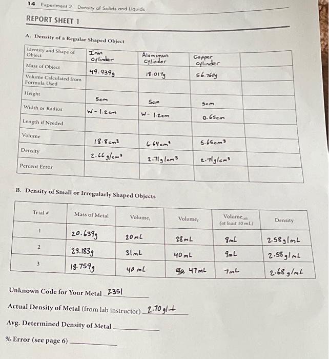 Solved A. Density of a Regular Shaped Object B. Density of | Chegg.com