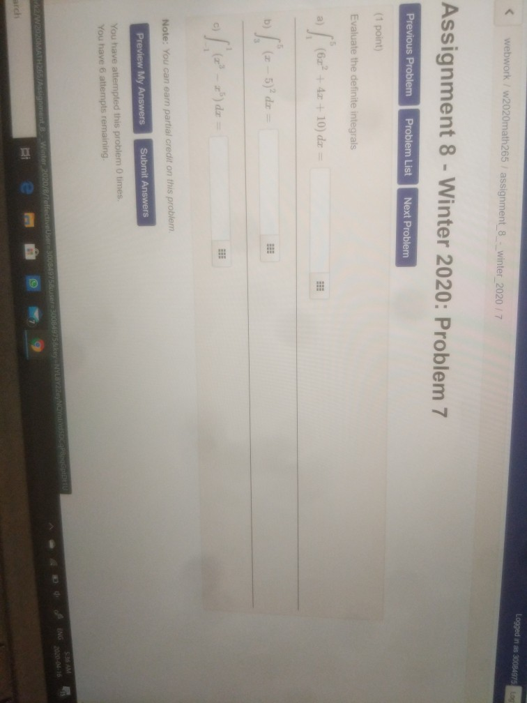Solved Logged in as 30084975 webwork / w2020math265 | Chegg.com