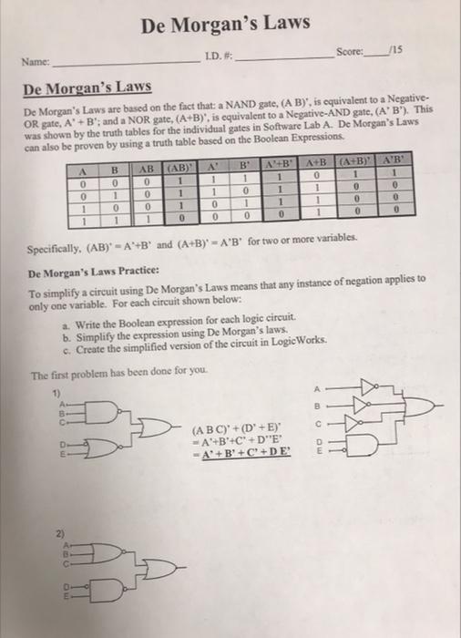 Solved De Morgan's Laws Name: LD. Score: 15 De Morgan's Laws | Chegg.com