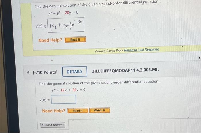 Solved Find The General Solution Of The Given Second Order