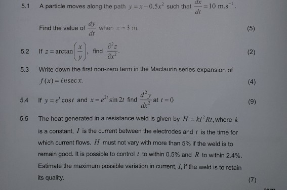 Solved 5.1 A particle moves along the path y = x -0.5.rº | Chegg.com