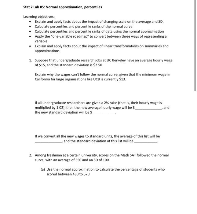 Solved Stat 2 Lab #5: Normal approximation, percentiles | Chegg.com