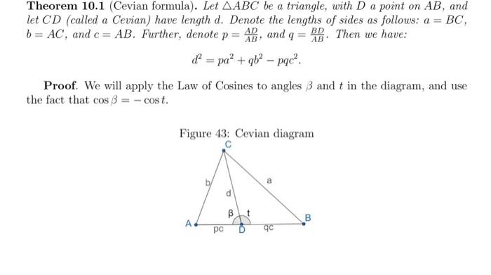 Solved Theorem 10.1 (Cevian formula). Let ABC be a | Chegg.com