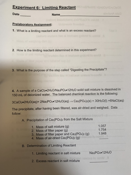 Solved Experiment 6: Limiting Reactant LOS HS-19199 levando | Chegg.com