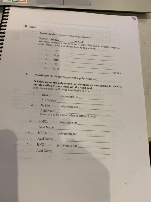 Solved B. Acids Binary Acids (Hydrogen with a single | Chegg.com