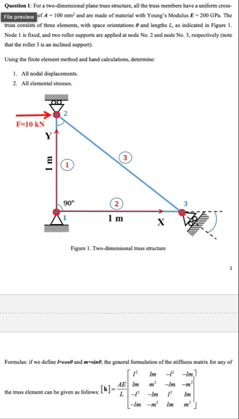 Question 1: For a two-dimensional plane truss | Chegg.com