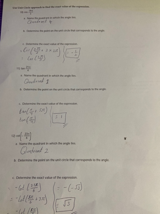 Solved Use Unit Circle approach to find the exact value of | Chegg.com