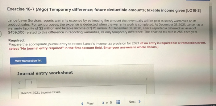 Solved Exercise 16-7 (Algo) Temporary difference; future | Chegg.com