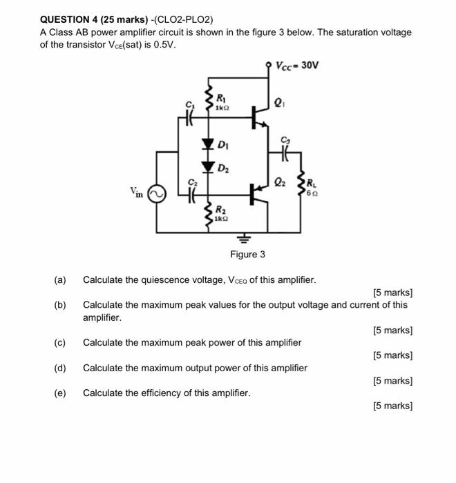 Solved QUESTION 4 (25 marks) - (CLO2-PLO2) A Class AB power | Chegg.com