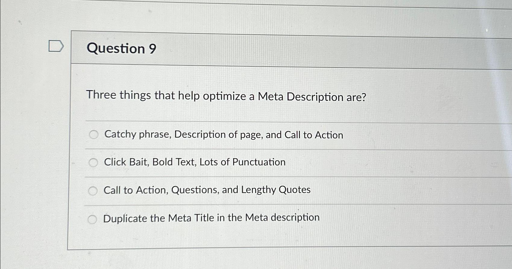 Solved Question 9Three things that help optimize a Meta | Chegg.com