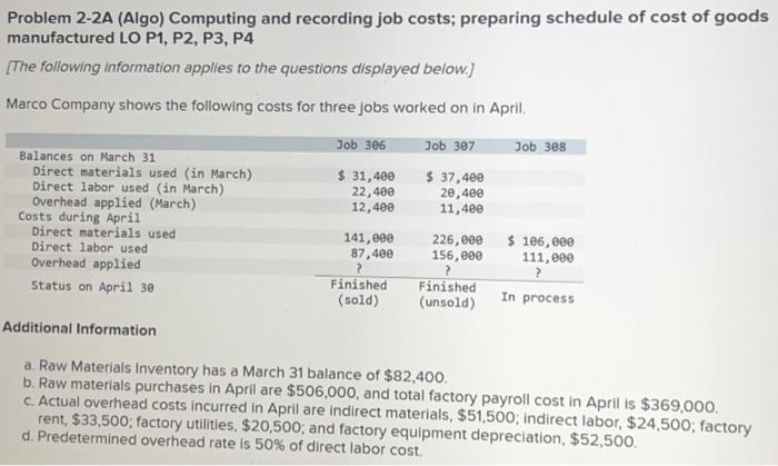 Problem 2-2A (Algo) Computing and recording job | Chegg.com
