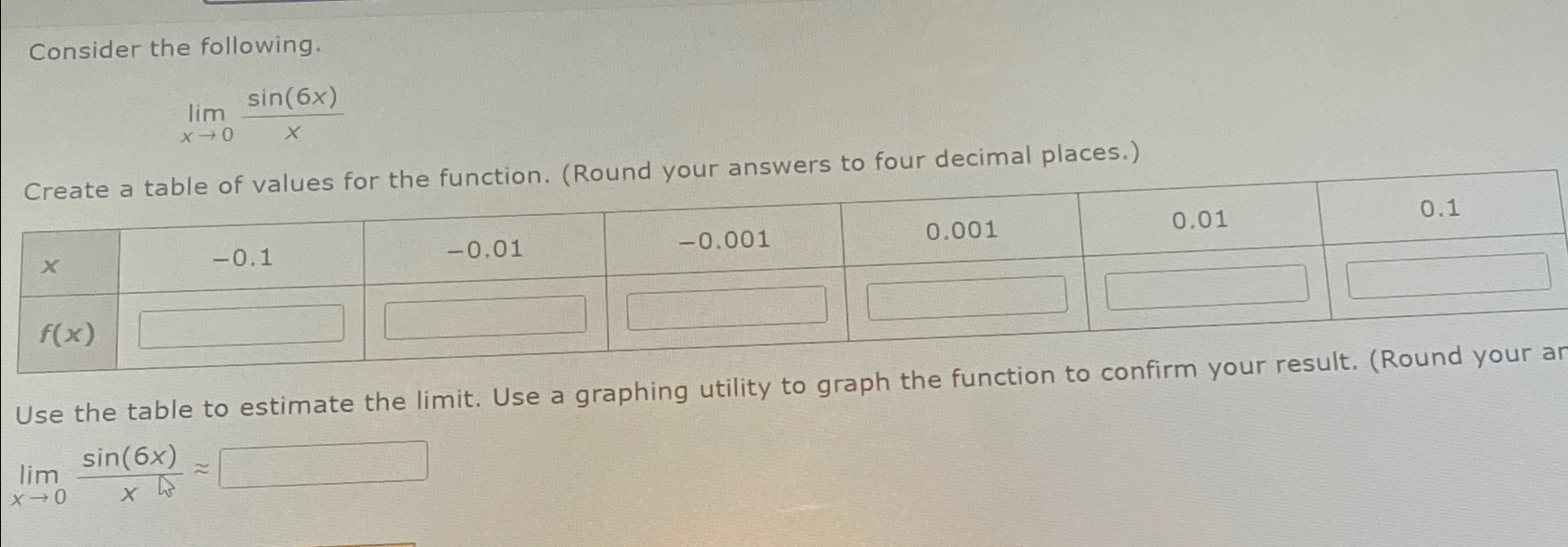 Solved Consider the following.limx→0sin(6x)xCreate a table | Chegg.com