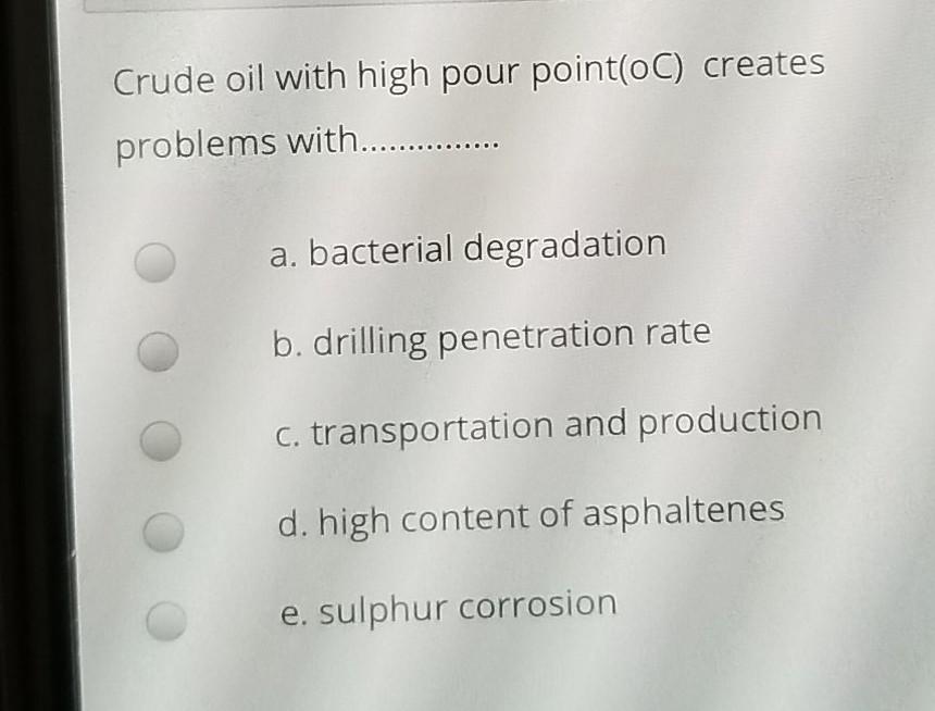 Solved Crude oil with high pour point(oC) creates problems | Chegg.com