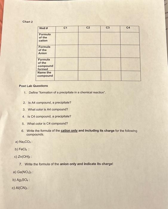 Post Lab Questions 1. Define "formation of a | Chegg.com