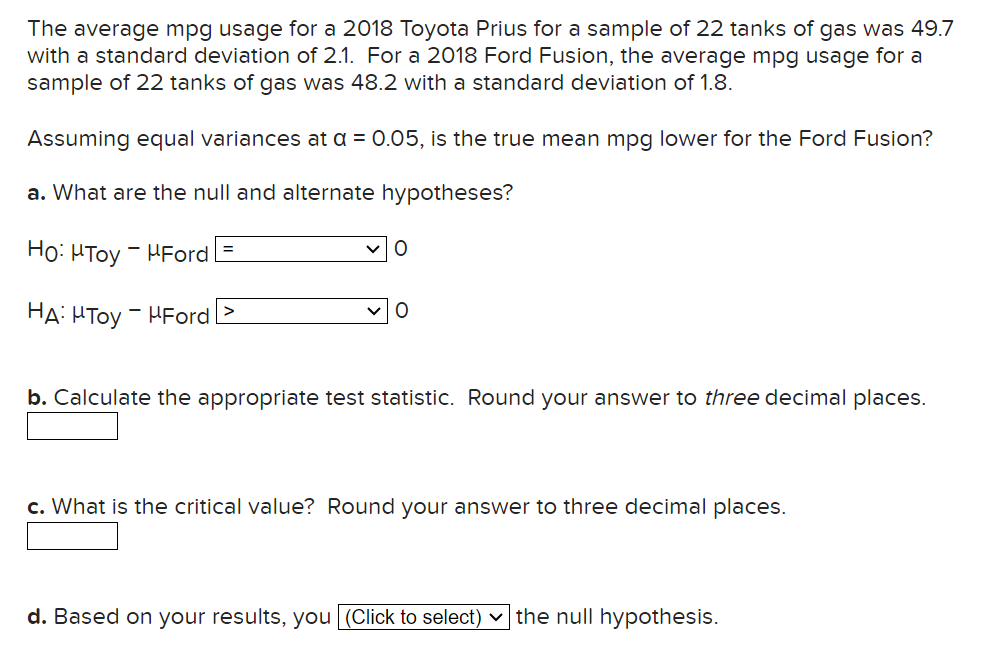 Solved The average mpg usage for a 2018 ﻿Toyota Prius for a | Chegg.com