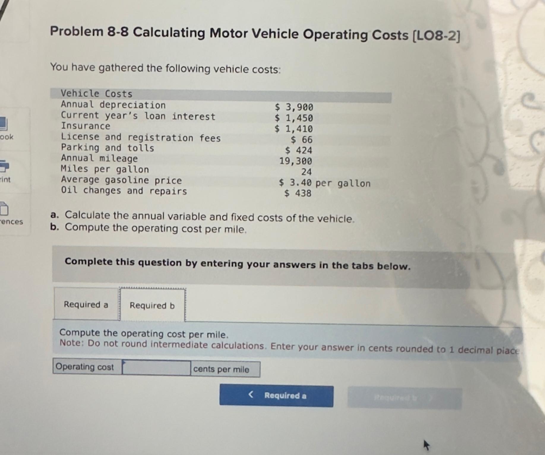 Solved Problem 8-8 ﻿Calculating Motor Vehicle Operating | Chegg.com