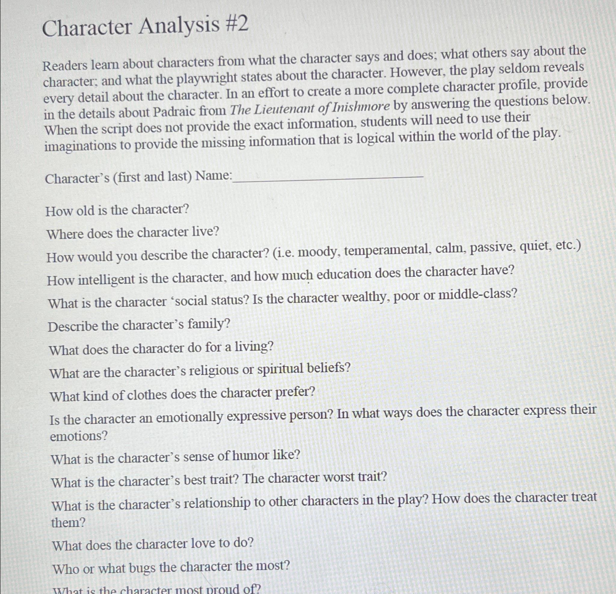 Solved Character Analysis #2Readers learn about characters | Chegg.com