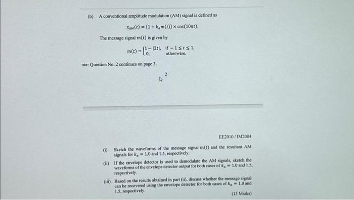 Solved (b) A conventional amplitude modulation (AM) signal | Chegg.com