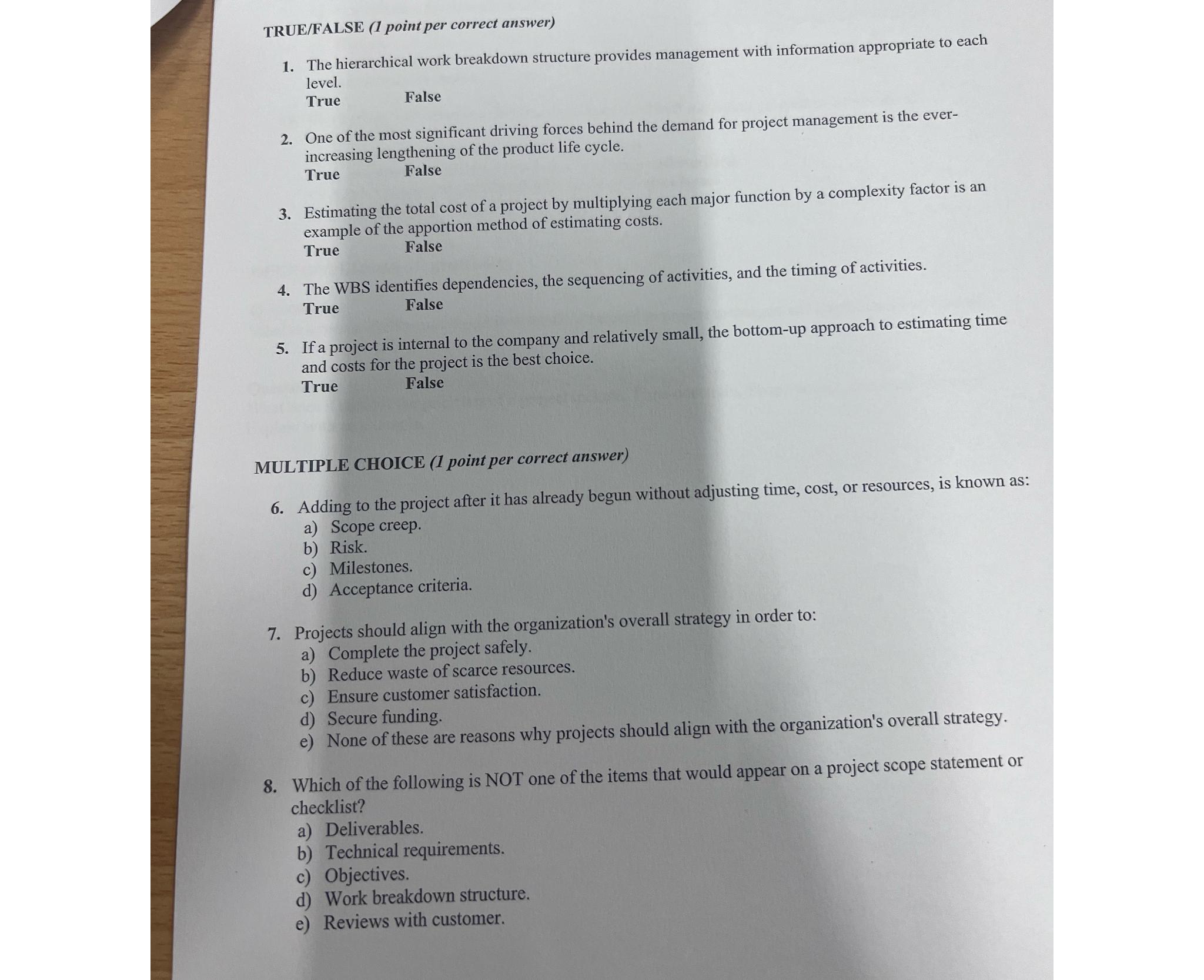 Solved TRUE/FALSE (1 ﻿point per correct answer)The | Chegg.com