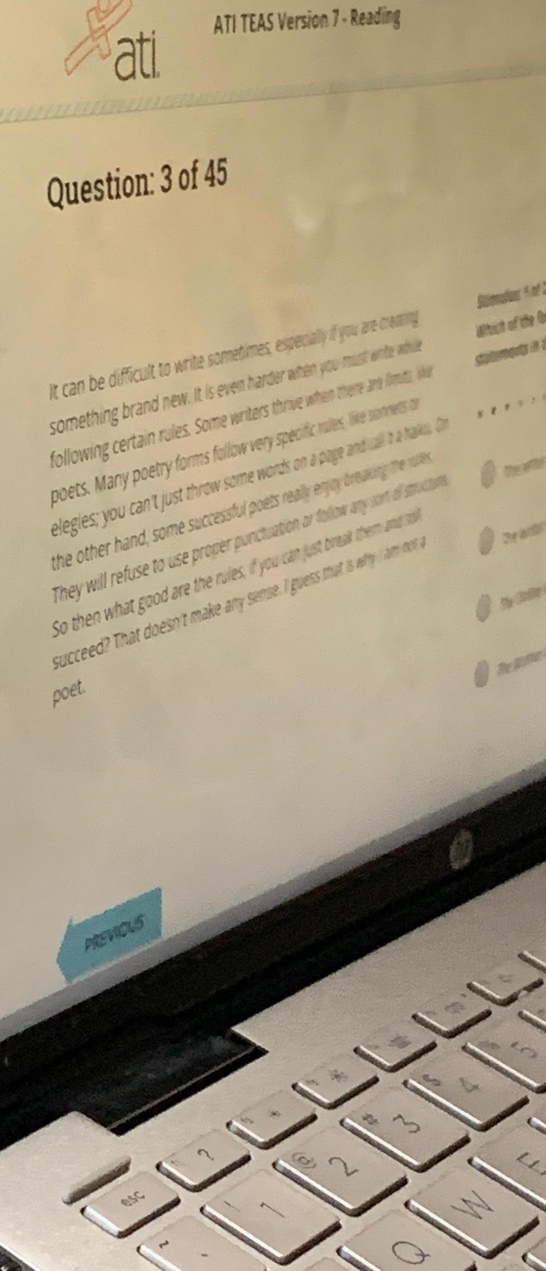Solved ATI TEAS Version 7-ResdingQuestion: 3 ﻿of 45 ﻿succed | Chegg.com