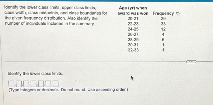 Solved Identify the lower class limits, upper class limits, | Chegg.com