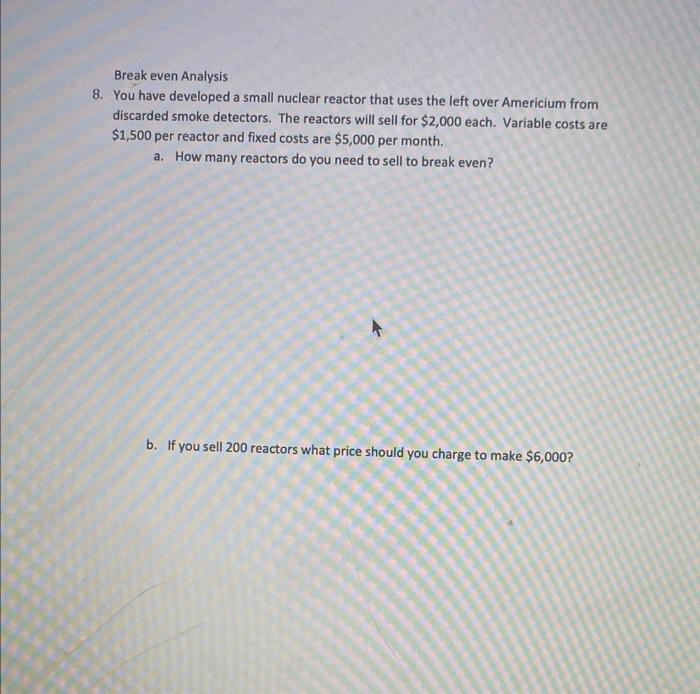 Solved Break even Analysis 8. You have developed a small | Chegg.com