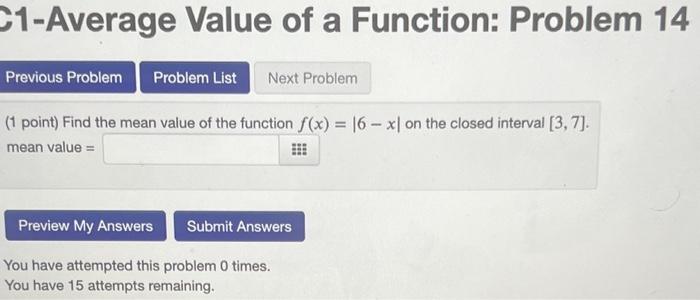 Solved 1-Average Value of a Function: Problem 14 (1 point) | Chegg.com
