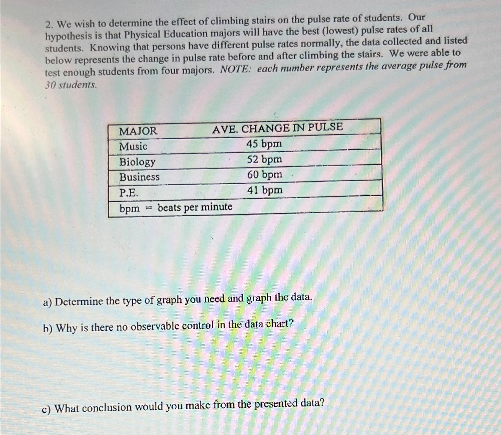 Solved We wish to determine the effect of climbing stairs on | Chegg.com