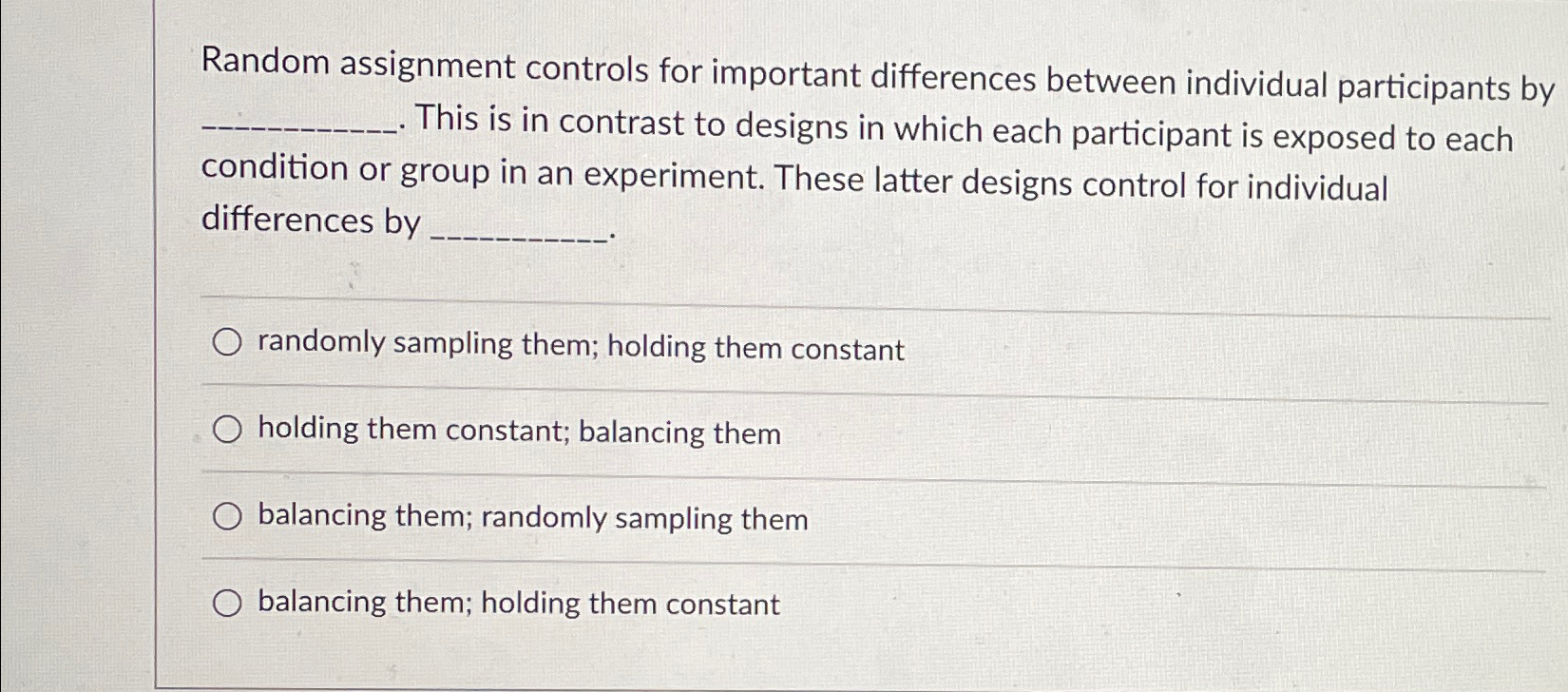 Solved Random assignment controls for important differences | Chegg.com