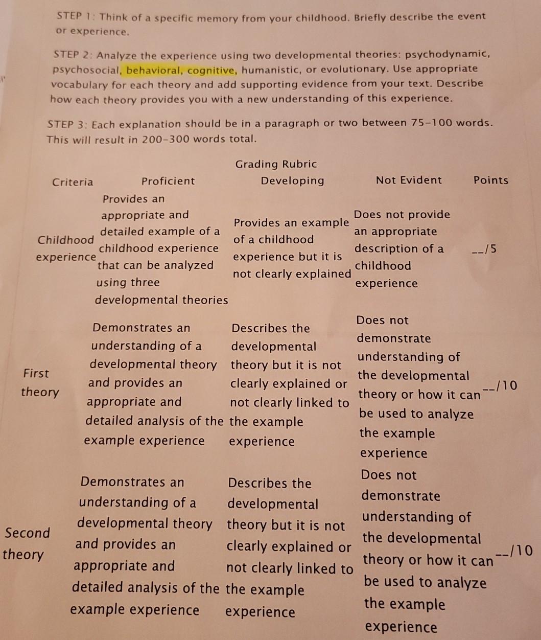 STEP 1: Think of a specific memory from your | Chegg.com