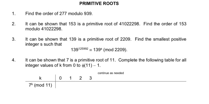 Solved PRIMITIVE ROOTS 1. Find the order of 277 modulo 939. | Chegg.com