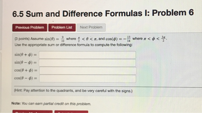 Solved 6.5 Sum and Difference Formulas I: Problem 6 Previous | Chegg.com
