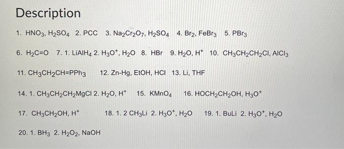 Solved Description 1. HNO3,H2SO4 2. PCC 3. Na2Cr2O7,H2SO4 4. | Chegg.com