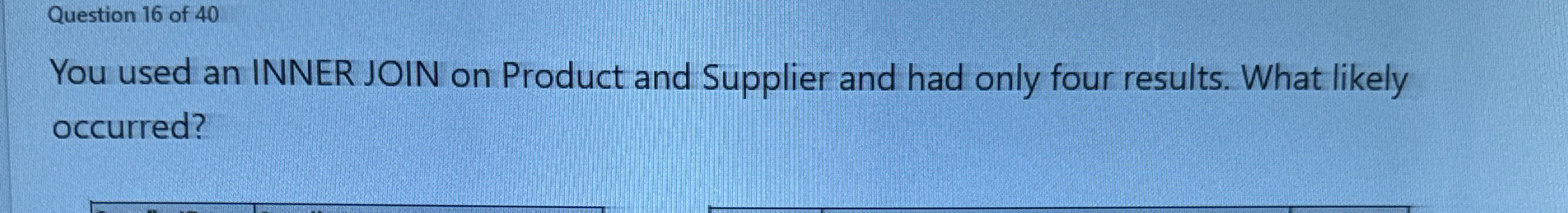 Solved Question 16 ﻿of 40You used an INNER JOIN on Product | Chegg.com