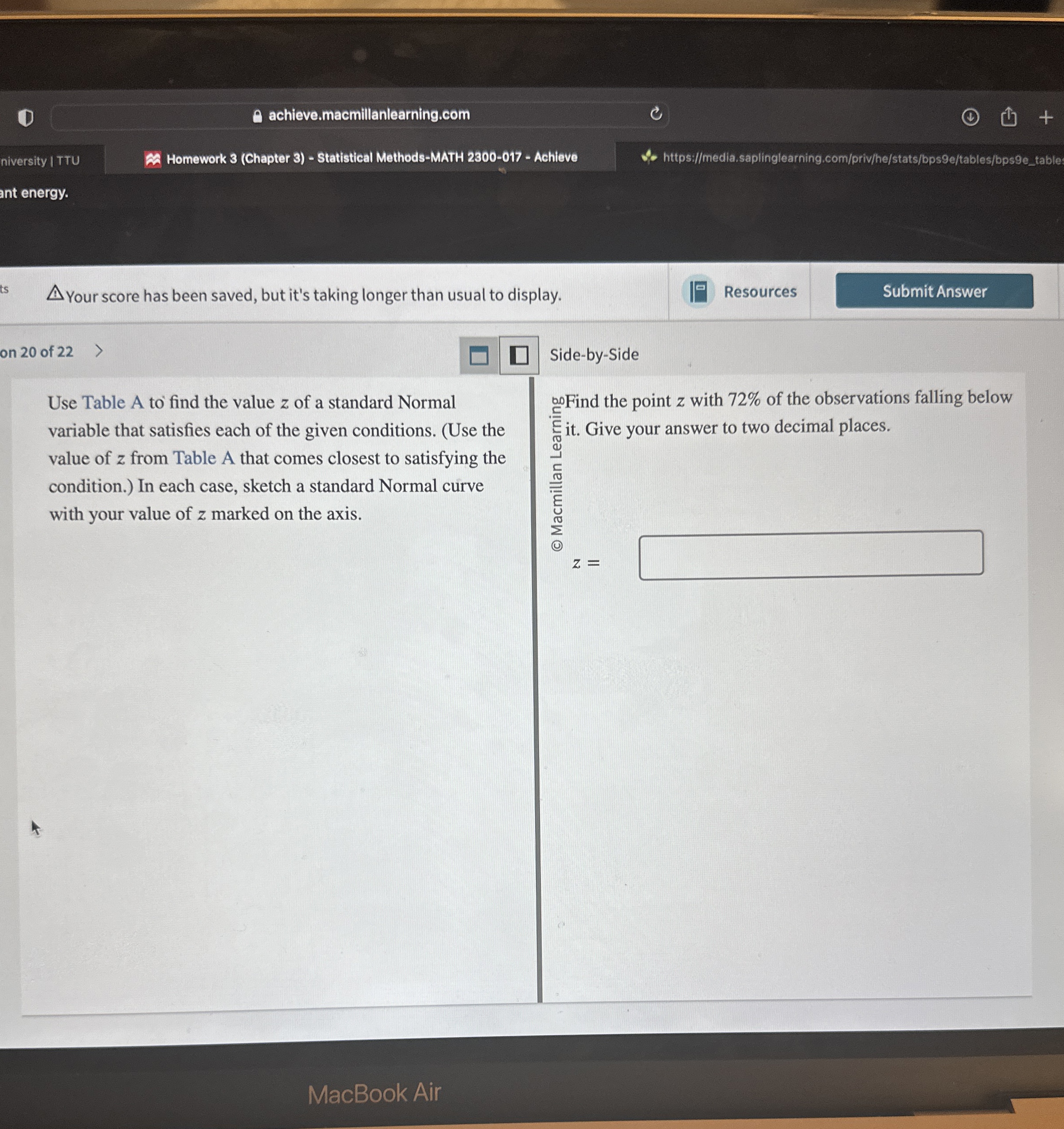 Solved Use Table A to find the value z ﻿of a standard | Chegg.com