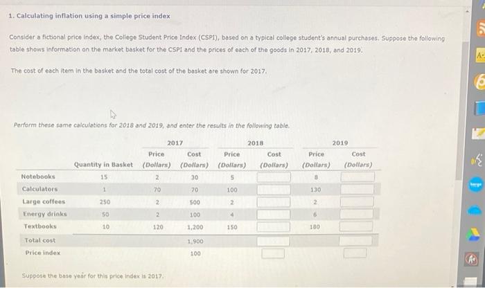 Solved 1. Calculating inflation using a simple price index | Chegg.com