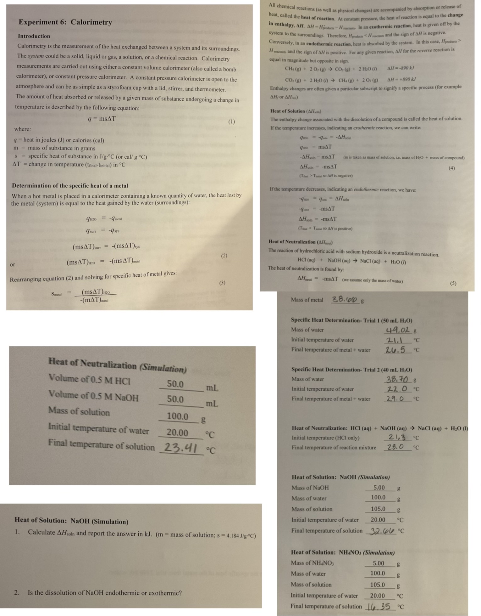 Solved Heat of Solution: NaOH (Simulation)1. ﻿Calculate | Chegg.com