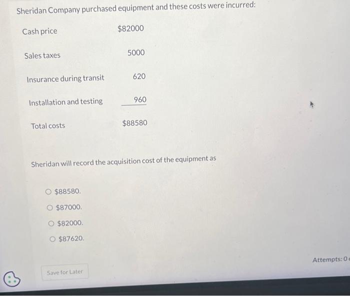 Solved Sheridan Company purchased equipment and these costs | Chegg.com