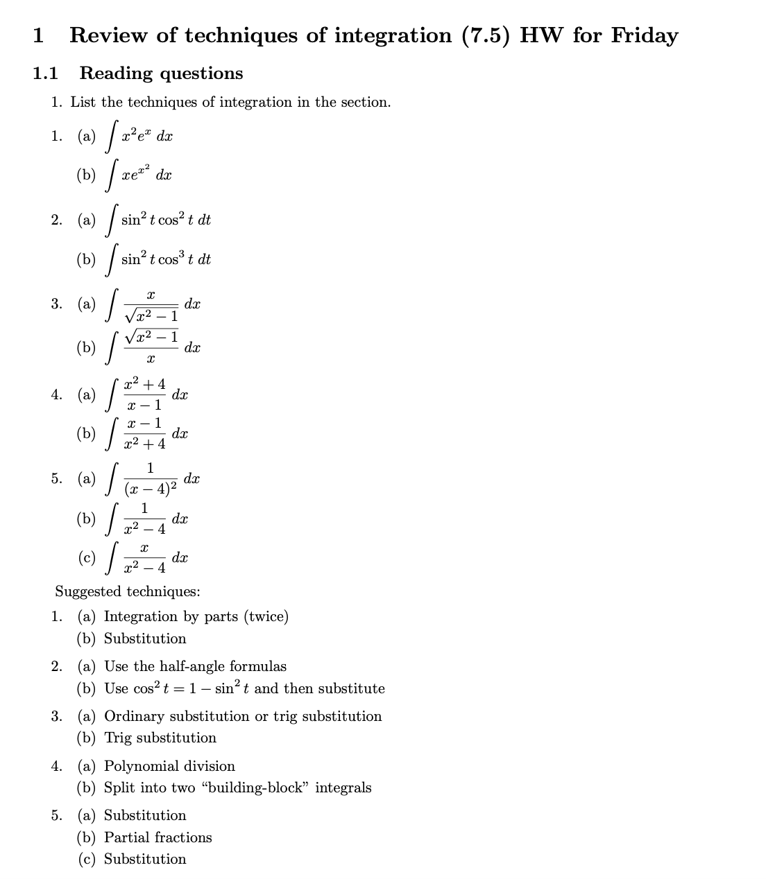 Solved 1 ﻿Review of techniques of integration (7.5) ﻿HW for | Chegg.com