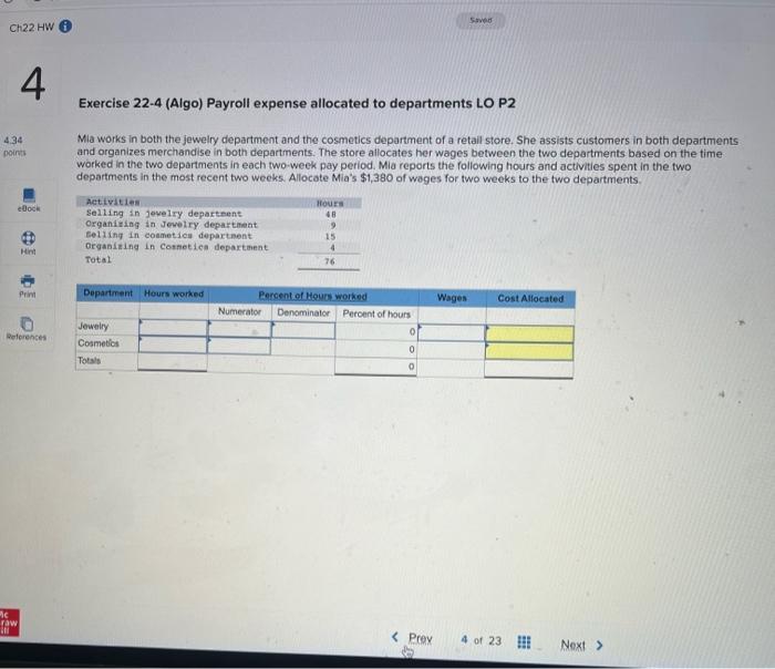 Solved Exercise 22-4 (Algo) Payroll expense allocated to | Chegg.com