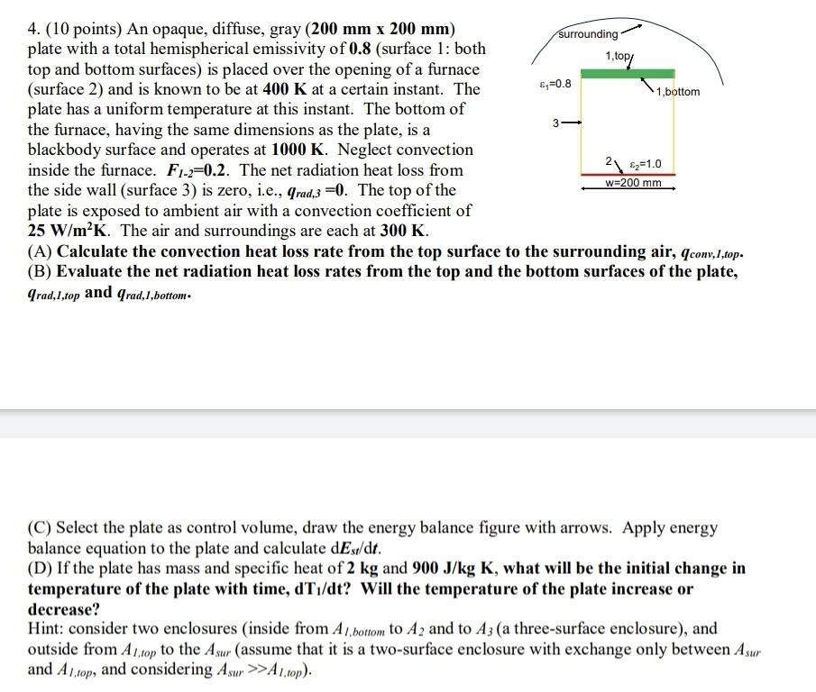 Solved 3 4. (10 points) An opaque, diffuse, gray (200 mm x | Chegg.com