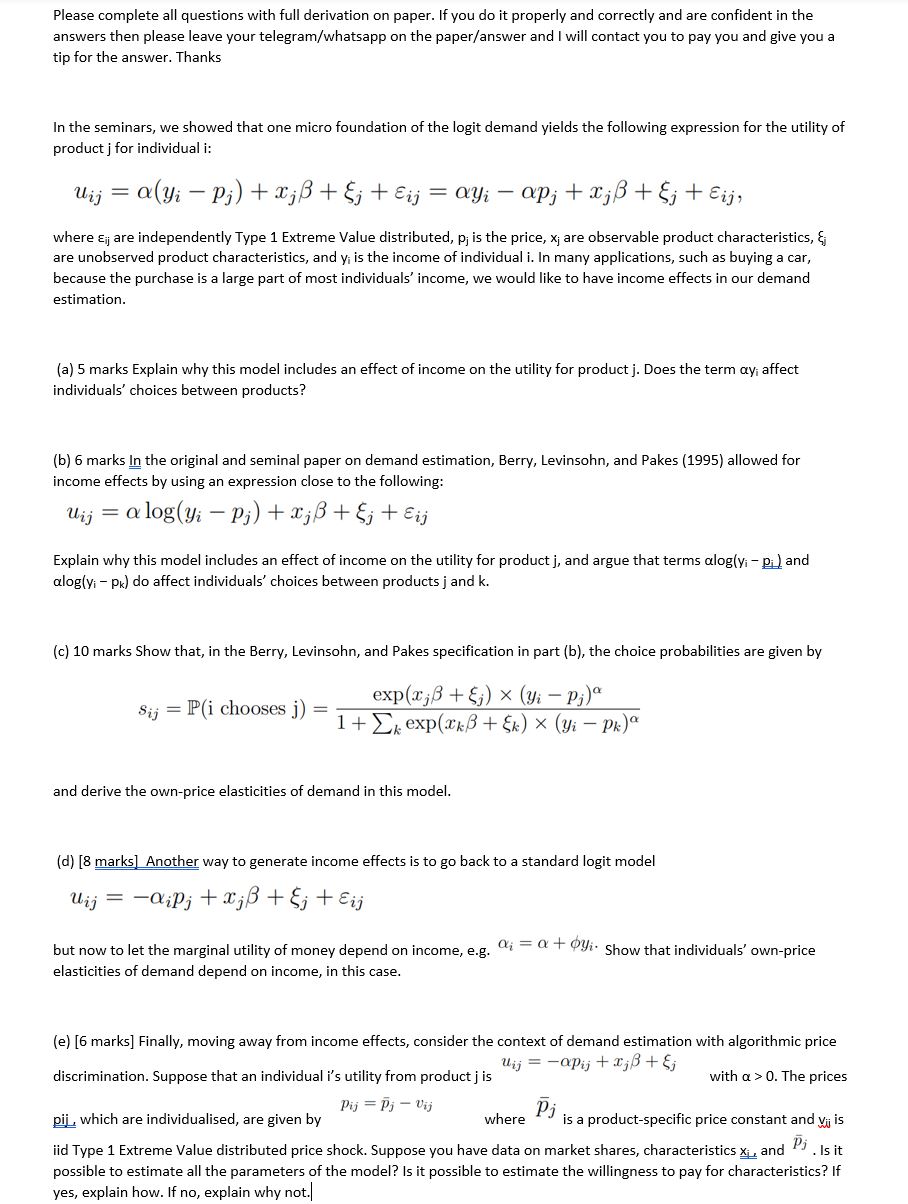 Solved Please complete all questions with full derivation on | Chegg.com