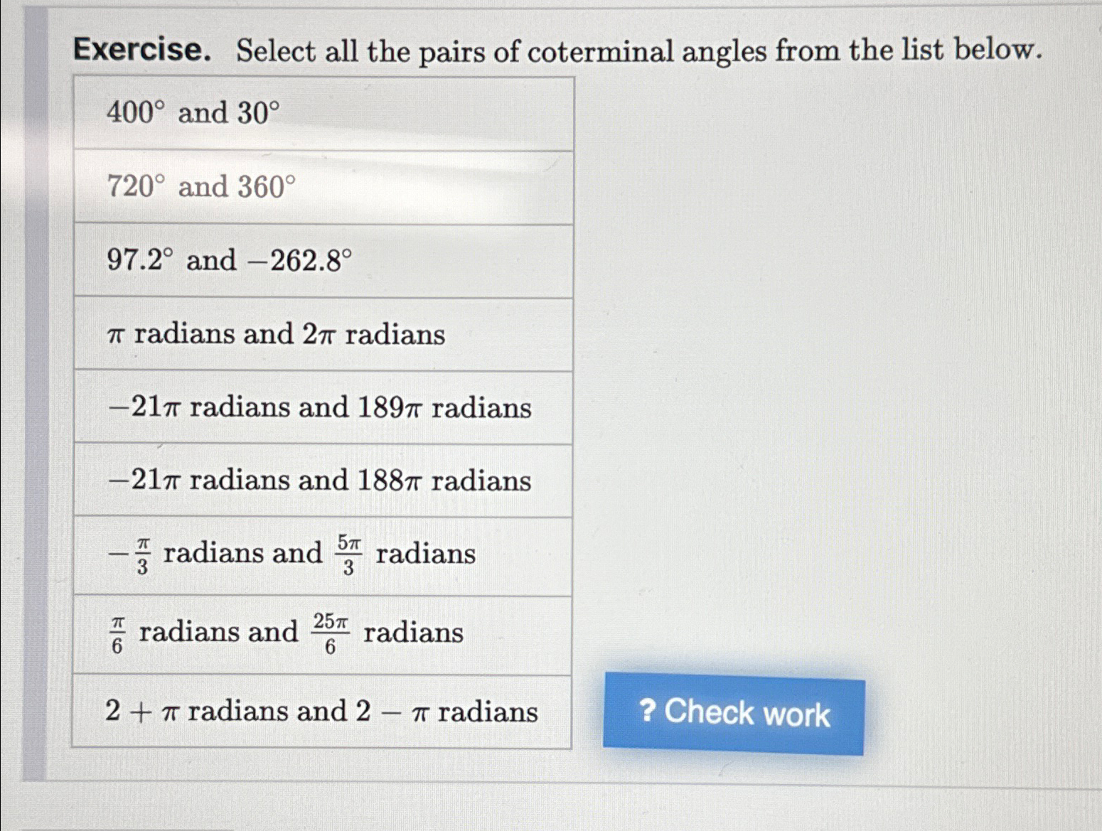 Solved Exercise. Select all the pairs of coterminal angles | Chegg.com